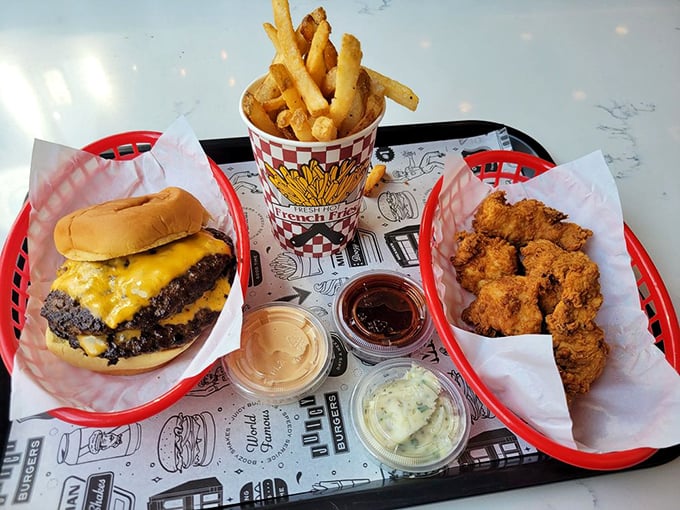 The holy trinity of burger bliss&mdash;juicy patty, golden fries, and crispy chicken nuggets, arranged like a still life painting you can devour.