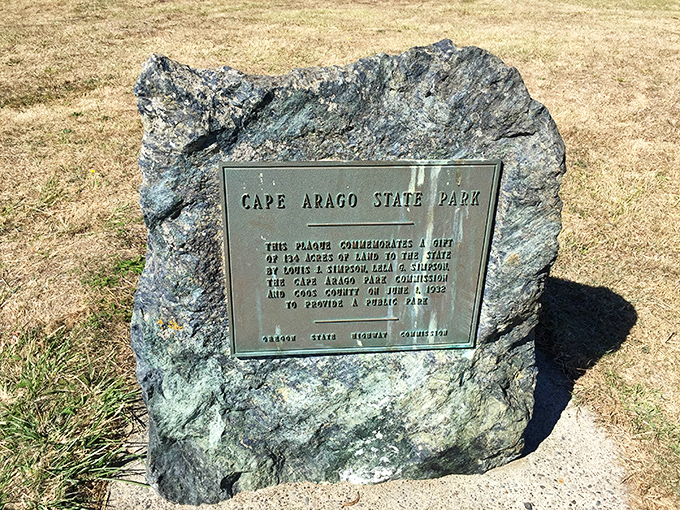History set in stone: a reminder that today's peaceful park experience comes courtesy of forward-thinking Oregonians from generations past.