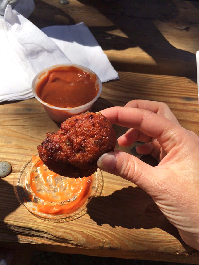 These conch fritters aren't just appetizers; they're edible Florida history. Crispy outside, tender inside, they're the perfect vehicle for that spicy dipping sauce.