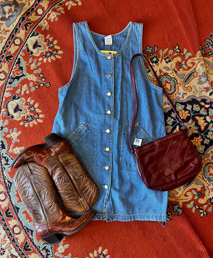 The ultimate vintage trifecta&mdash;denim dress, cowboy boots, and leather purse. Just add confidence and you're ready for anything.