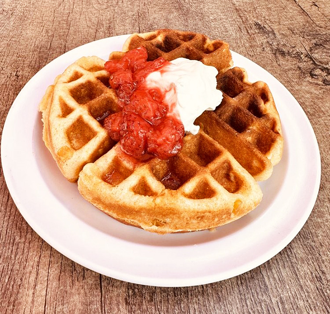 A waffle that's having an identity crisis in the best possible way &ndash; breakfast meets dessert with a side of "why haven't I tried this before?"