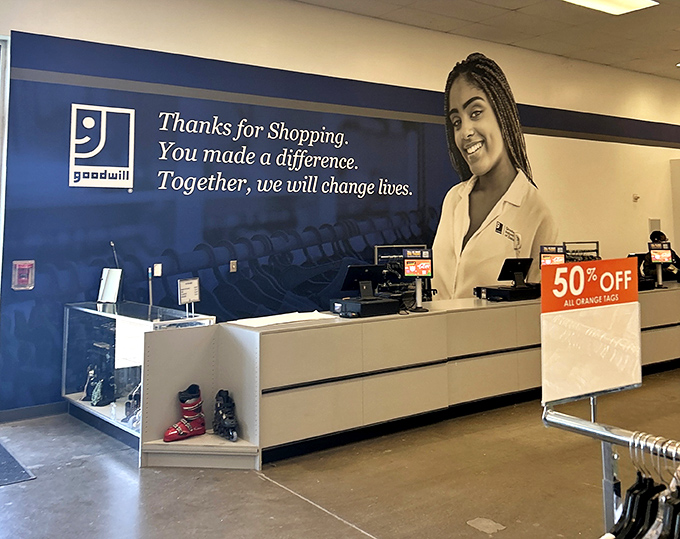 "You made a difference." The checkout area reminds shoppers that retail therapy here doubles as community support.