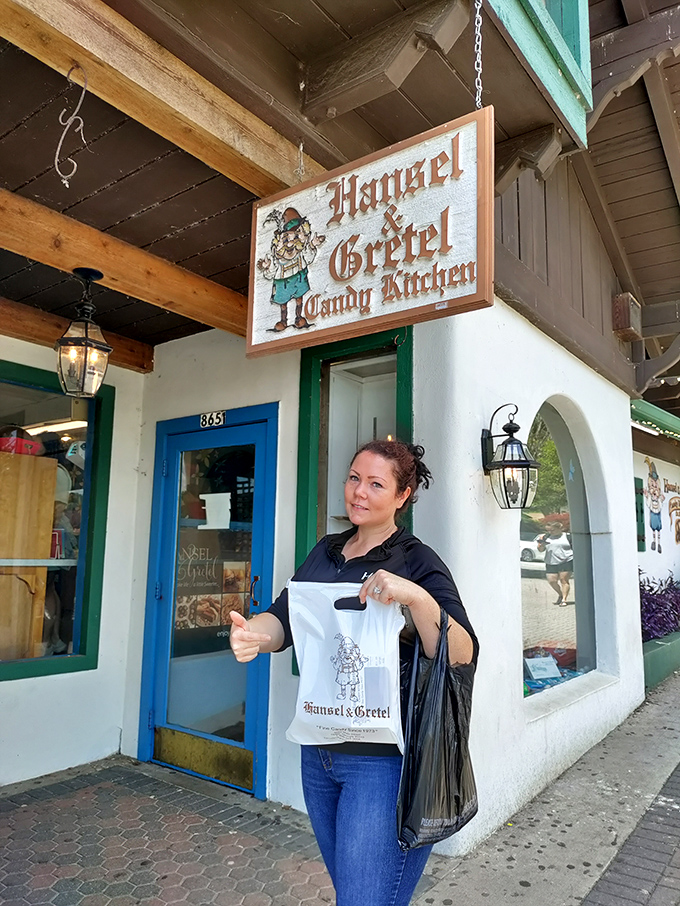 Success looks like this: the triumphant smile of someone who's just secured a bag of handcrafted treats worth every mile of the journey.