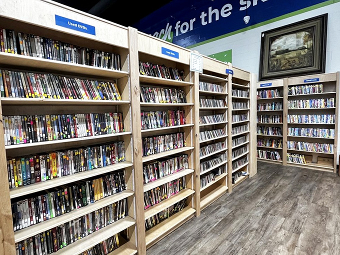 The DVD and media section&mdash;a physical Netflix from the days when "streaming" meant something was wrong with your plumbing.