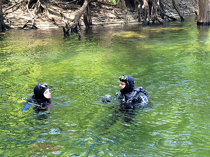 Two divers share secrets 30 feet below the surface. Whatever they're discussing, it definitely beats most Zoom meetings. 