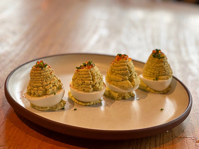 Deviled eggs elevated to art form. These aren't the forgotten appetizers at your aunt's potluck&mdash;they're the main event.