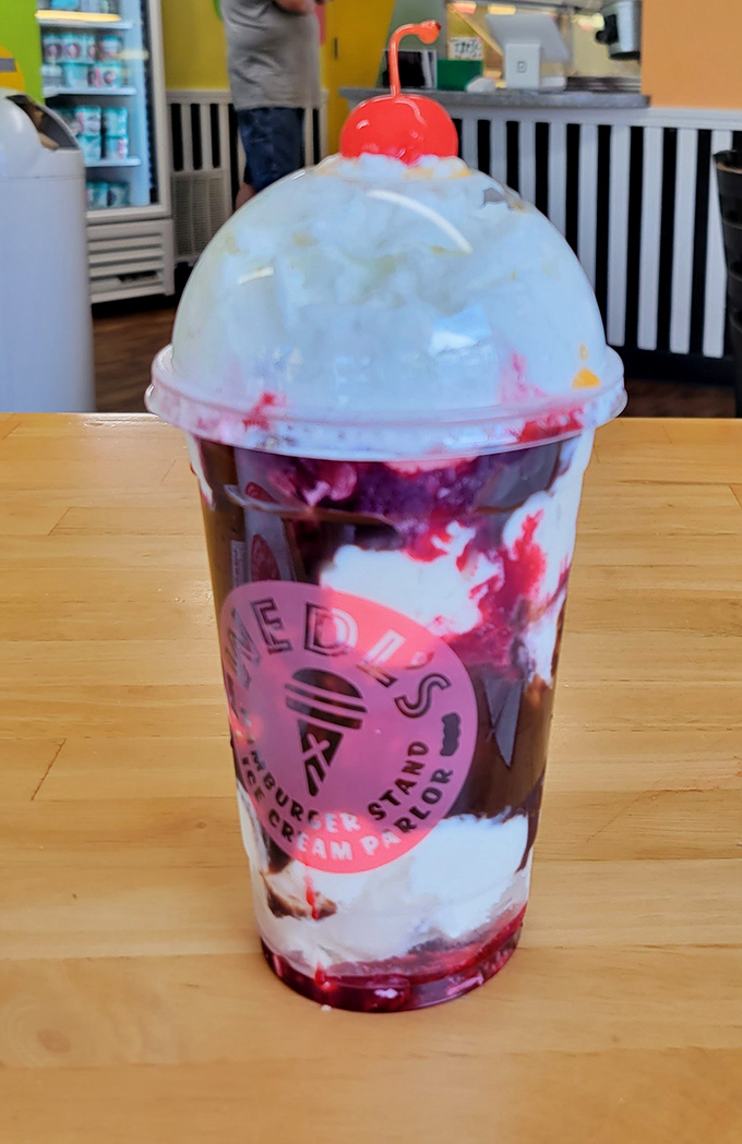 Layers of ice cream, syrup, and whipped cream create a devil's food delight that's worth every calorie and napkin you'll need.