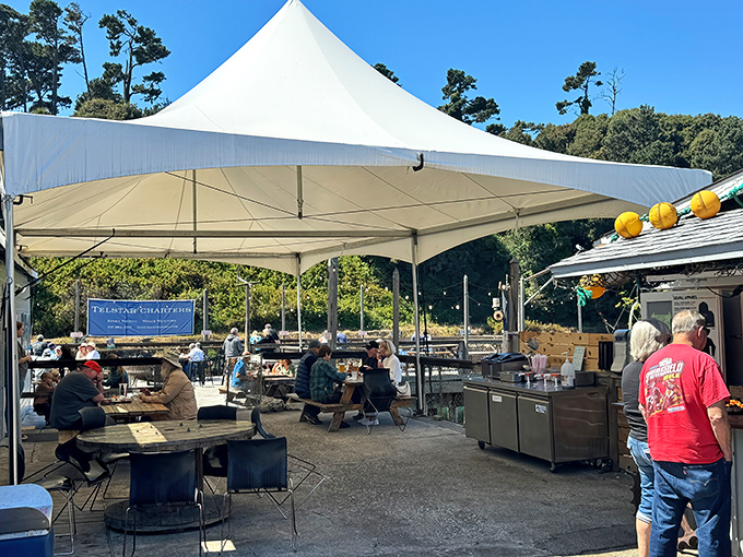 The covered outdoor seating area offers shelter from coastal fog while you devour treasures from the sea. Pure California coastal dining bliss.