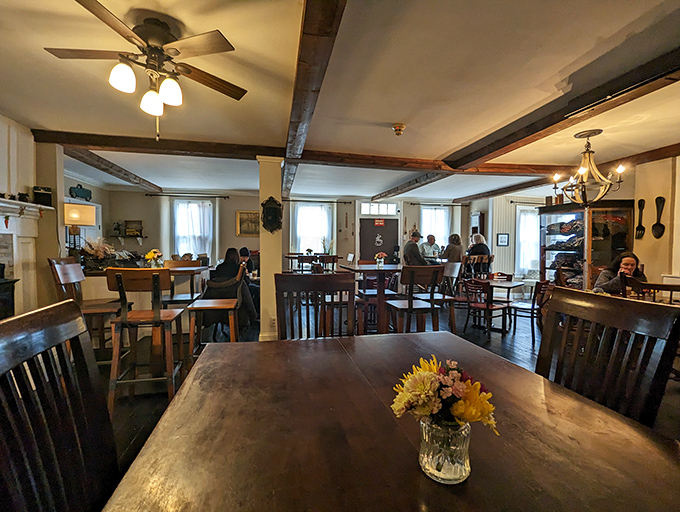 Morning sunshine streams through windows as patrons enjoy that magical quiet that only happens when everyone is too busy enjoying their food to talk.