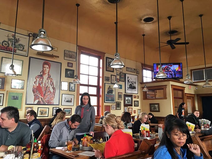 Sunday service now involves mimosas and menu worship. The eclectic wall art collection tells stories while you create your own over brunch.