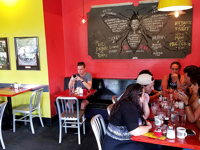 The chalkboard fly diagram isn't just wall art&mdash;it's a quirky manifesto that perfectly captures this diner's playful, intellectual spirit.