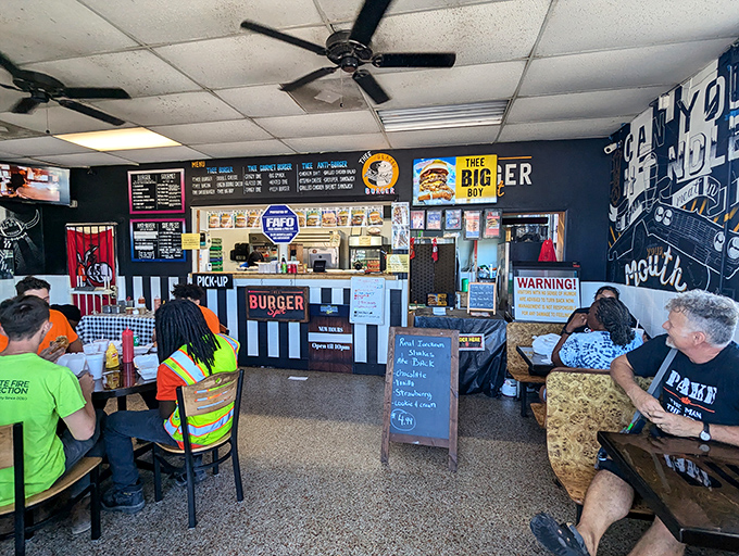 Where construction workers and office folks find common ground: the universal language of exceptional burgers transcends all boundaries. 