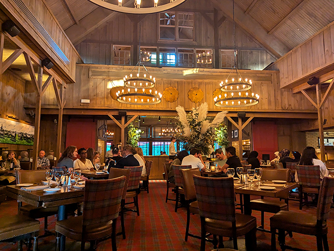 The soaring wooden beams and circular chandeliers transform dinner into an event&mdash;like eating in a cathedral dedicated to good taste.