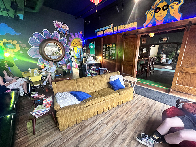 Sink into retro couches while waiting for your order in a space that encourages lingering conversations and spontaneous friendships.