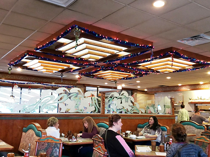 Holiday lights adorn the ceiling year-round because some places understand that everyday meals can be occasions worth celebrating too.