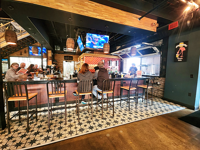 Where beer meets camaraderie at the perfectly designed bar. The star-patterned floor tiles add a touch of whimsy to serious drinking business.