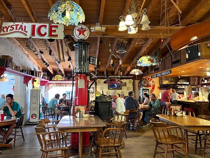 The dining room buzzes with conversation and community, where strangers become temporary neighbors over plates of honest-to-goodness food.