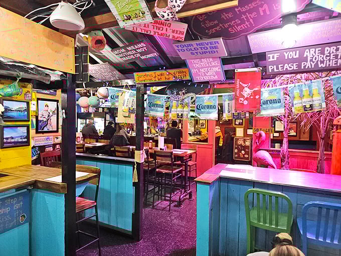 Neon signs, flamingos, and enough visual stimulation to make your eyes dance. Dining here is like eating inside a kaleidoscope.