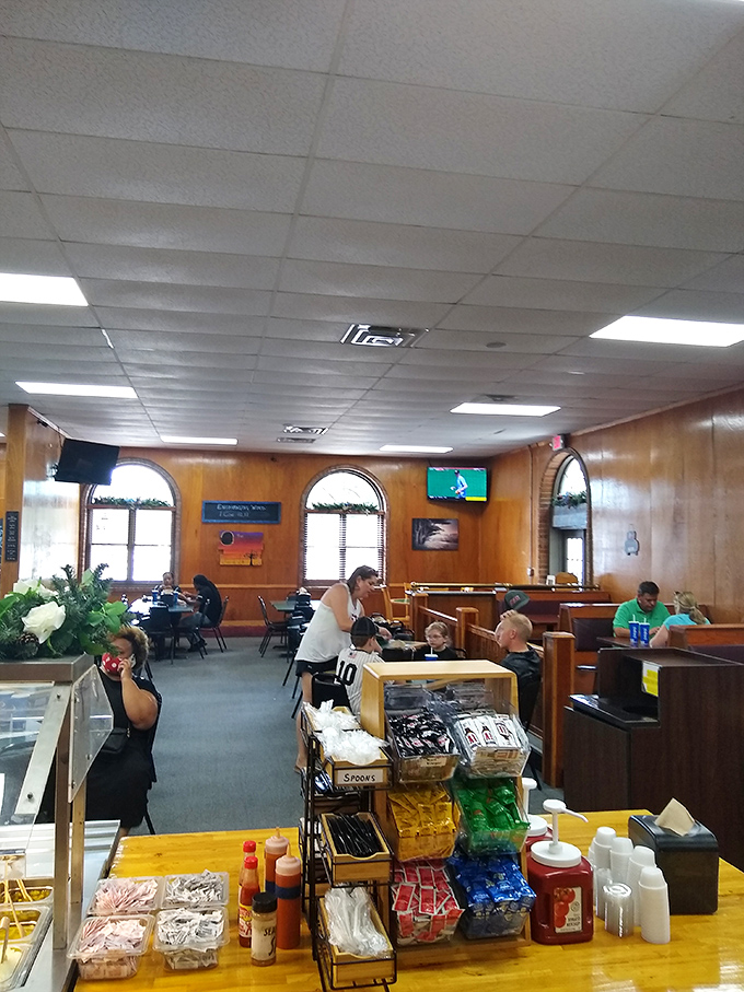 Church pews reimagined as restaurant seating&mdash;because worship-worthy food deserves the proper setting. Hallelujah and pass the ketchup.