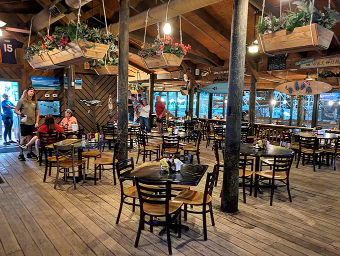 Inside Grills, every table feels like the captain's table, with hanging plants standing in for sails.