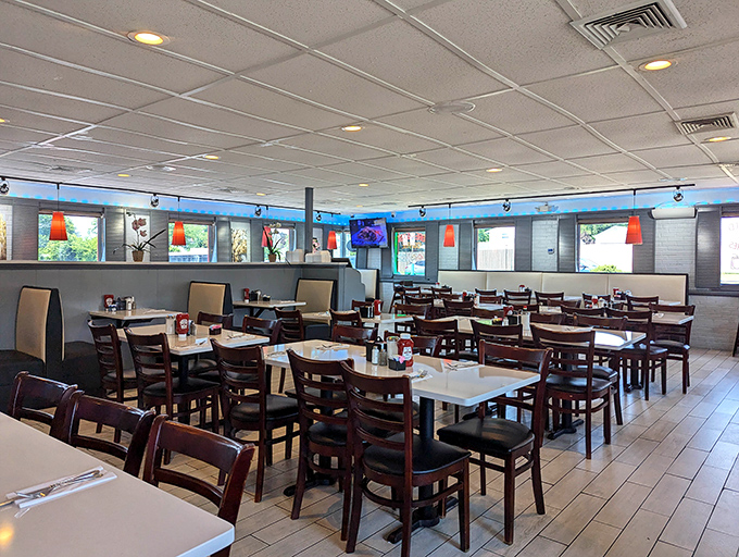 Empty tables waiting for the breakfast rush – like a theater before the show, the calm before the pancake storm.