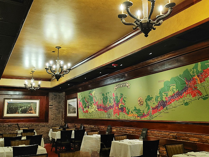 Maps and murals adorn walls where countless celebrations have unfolded. Each table holds the promise of memories being made over exceptional meals.