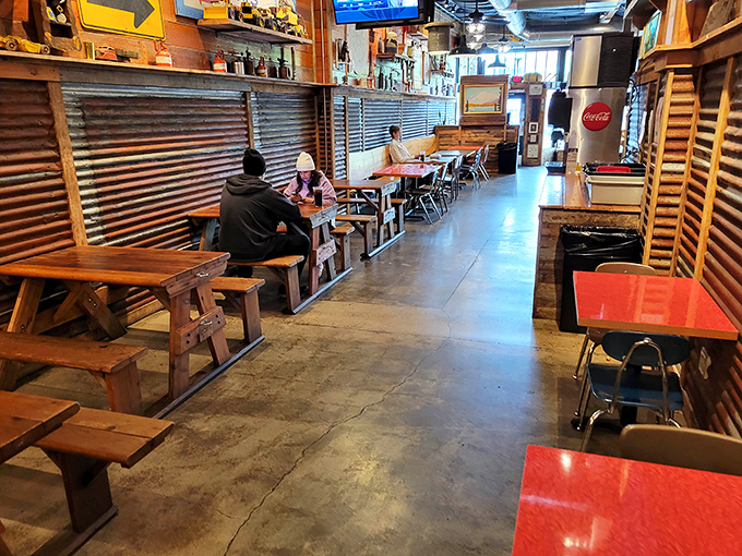 Long communal tables that turn strangers into friends, united by the universal language of "have you tried the White Gold sauce yet?"