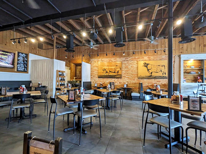 Warm wood, exposed brick, and thoughtful lighting create a dining room where you'll want to linger long after your plate is clean.