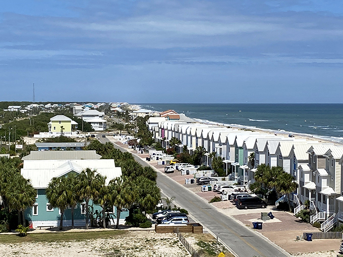 The view that launches a thousand real estate searches. St. George Island's beachfront homes stand like soldiers guarding the pristine shoreline.