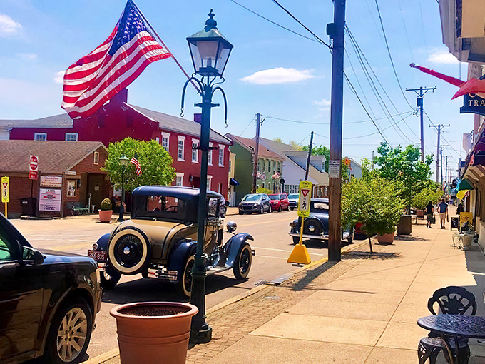 Vintage cars and lamp posts create the perfect backdrop for pretending you've stumbled onto a movie set about simpler times.