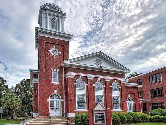 First Baptist's soaring brick tower and stained glass windows remind us that small towns often house the most impressive architectural achievements.