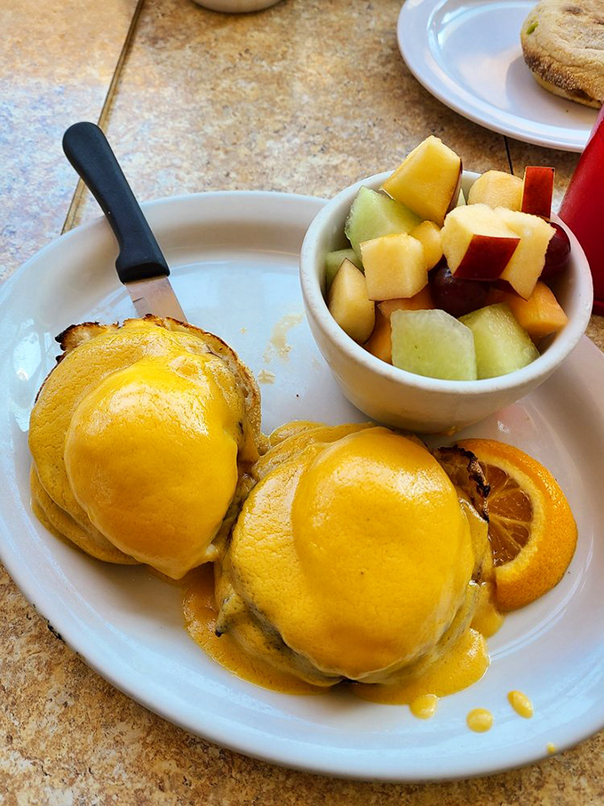 Eggs Benedict with hollandaise so yellow it could outshine the California sun. Served with fresh fruit that almost&mdash;almost&mdash;steals the spotlight.