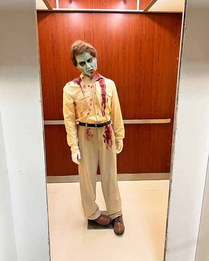 This elevator zombie looks like he's had a particularly rough Monday. We've all felt like this waiting for the office coffee to kick in.