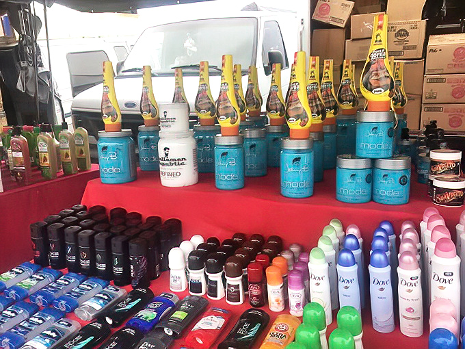 Personal care products arranged with surprising precision. Where else can you find hair gel and deodorant displayed with such loving attention?