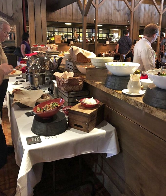 The buffet spread that proves Ohio knows how to do abundance with style&mdash;rustic vessels elevating comfort food to art form status.