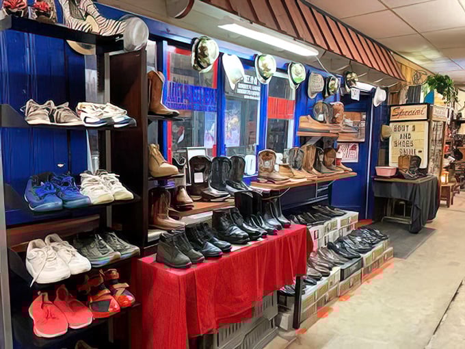 Boot scootin' boogie! This footwear display offers everything from cowboy classics to practical sneakers—Texas style for every occasion.