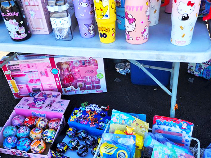 Childhood joy sold by the table&mdash;Hello Kitty thermoses and toy kitchen sets promising hours of imagination for a fraction of retail.