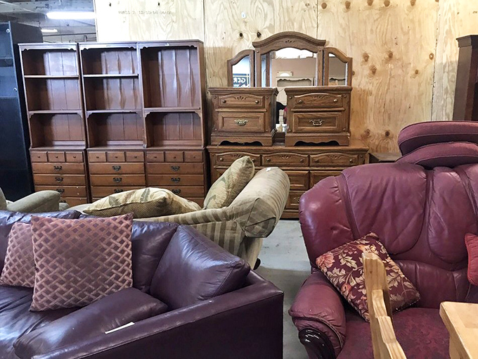 Living room vignettes showcase solid wood furniture with good bones—the kind they don't make anymore, at prices they definitely don't offer.