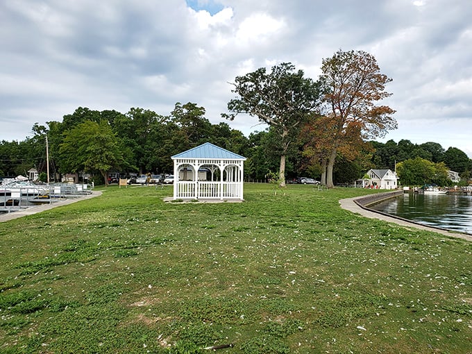 The gazebo stands like a wedding cake topper on Ohio's smallest state park, promising shelter and spectacle in equal measure.