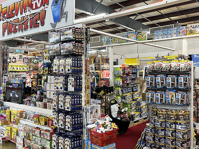 Television frenzy! This booth is a pop culture paradise where nostalgic merchandise meets modern fandom in a delightfully overwhelming display.