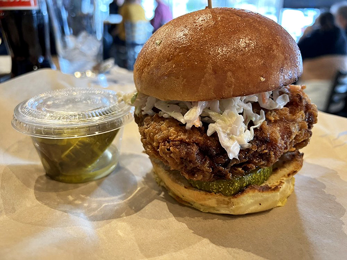 This golden chicken sandwich isn't just crispy&mdash;it's audibly crunchy, with pickle and slaw providing the perfect acidic counterpoint.