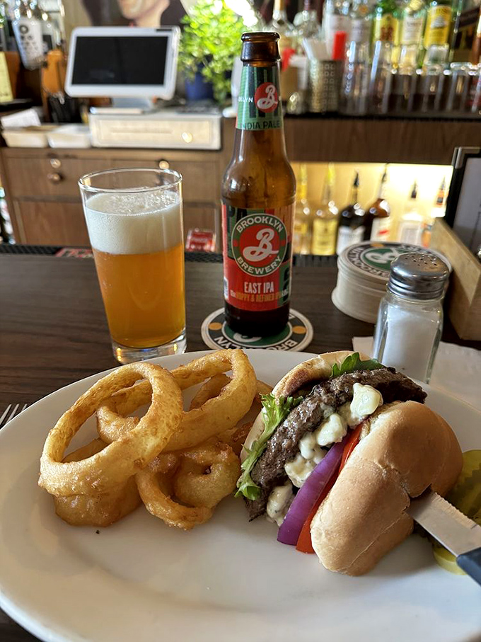 A burger with onion rings that makes you wonder why you'd ever waste stomach space on fast food again.