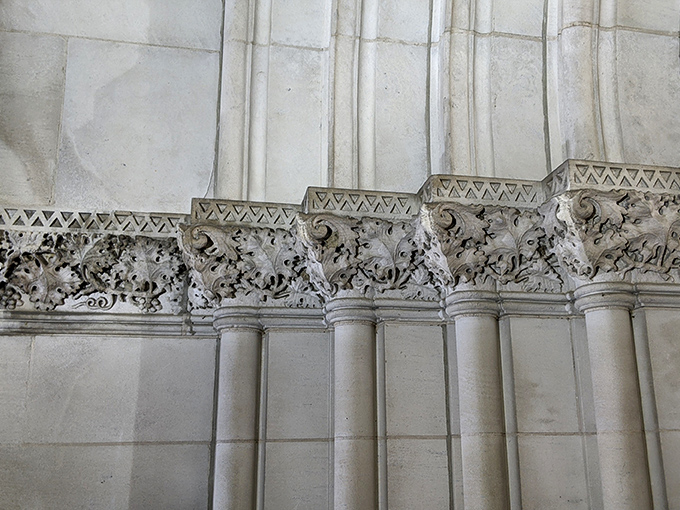 Intricate stone carvings that would make Notre Dame jealous. These details show that the builders considered this library a true monument to knowledge.