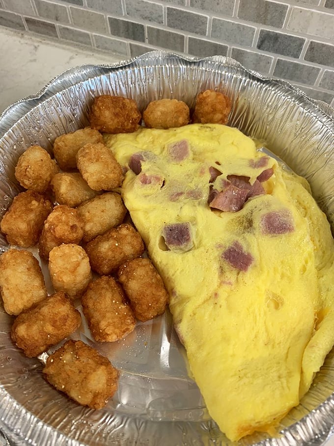 That golden omelet practically glows with cheesy goodness, surrounded by crispy tater tots like edible treasure.