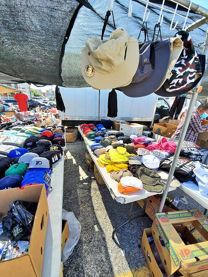 Hat heaven under a simple canopy &ndash; where team loyalty and sun protection meet in a rainbow of affordable headwear options.