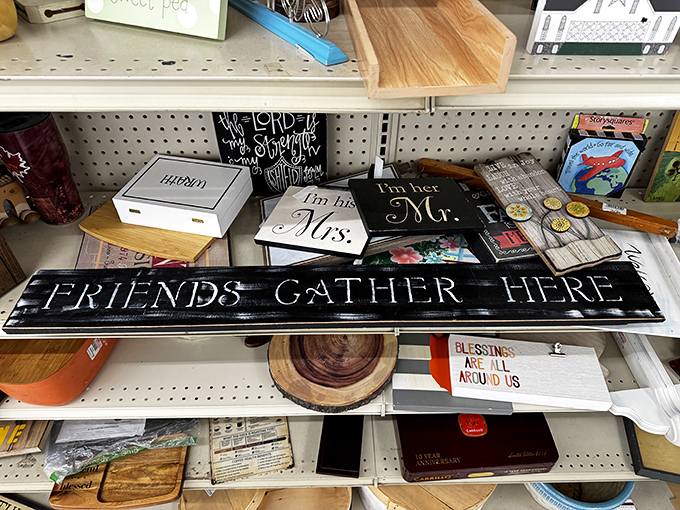 Home d&eacute;cor that declares your personality without declaring bankruptcy. That "Friends Gather Here" sign is speaking truth.