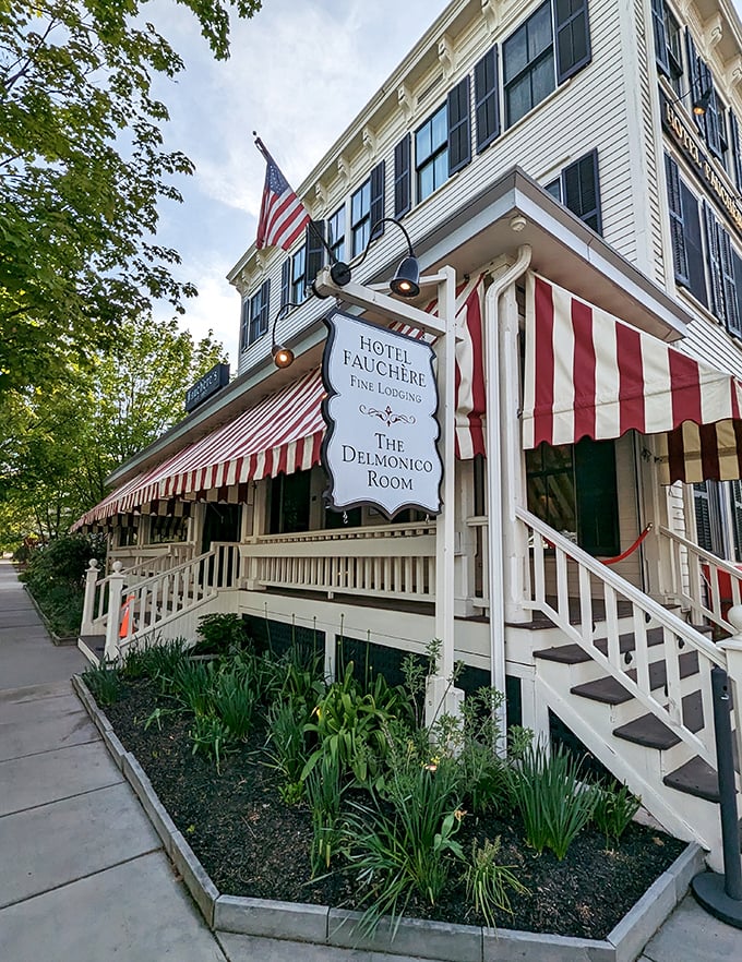 Hotel Fauch&egrave;re's red-and-white awning signals you've arrived somewhere special. The Delmonico Room inside serves history alongside its renowned cuisine.