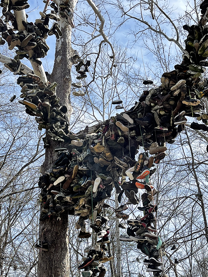 Looking up through the canopy of shoes creates a kaleidoscope effect&mdash;part art installation, part fever dream, all Indiana originality.