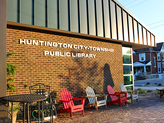 The library's colorful Adirondack chairs invite you to take that book outside, because reading somehow feels more virtuous in fresh air.
