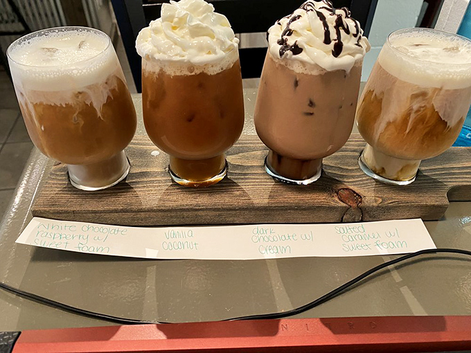 Coffee flights that turn caffeine into an adventure. From classic to coconut, these iced treats make Starbucks look like amateur hour.